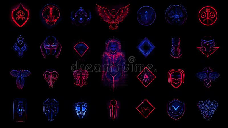 Abstract Neon Graphic Design Featuring Diverse Icons Stock Illustration ...