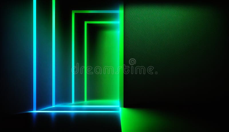Abstract Neon Green and Blue Light Corridor Stock Illustration ...