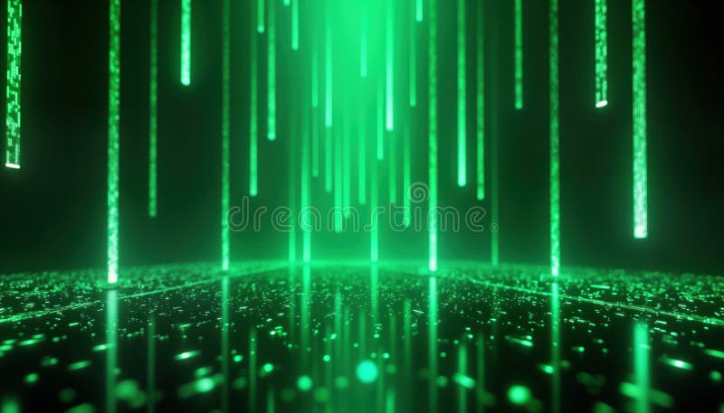 Abstract Neon Green Digital Rain Cascades Down Dark Background. Data ...