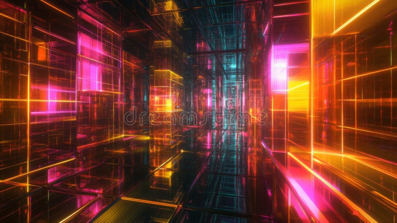 Abstract Neon Grid Hallway with Vibrant Colors Stock Illustration ...