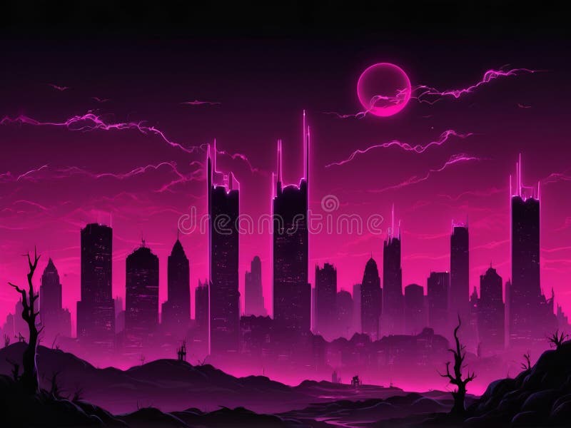 Abstract Neon Halloween City Skyline in Luminous Pink Stock ...
