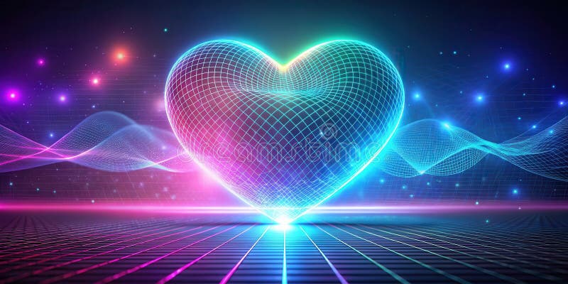 Abstract Neon Heart Grid Landscape with Vibrant Waveforms. Generative ...