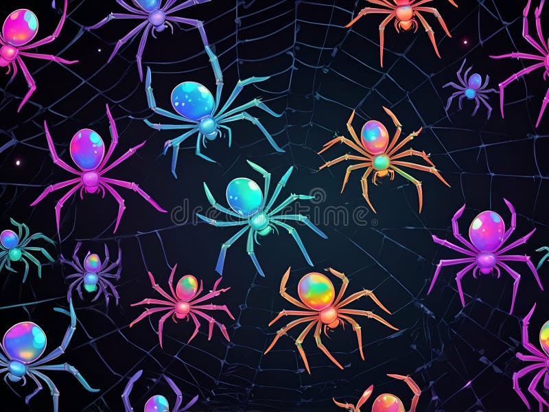 Abstract Neon Holographic Pattern of Multicolored Cute Cartoon Spiders ...