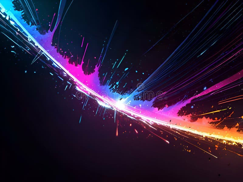 Abstract Neon Illuminated Digital Splash of Glowing Particles and Flare ...