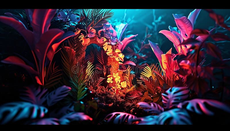 Abstract Neon Jungle, Glowing Plants. Generative Ai Stock Illustration ...