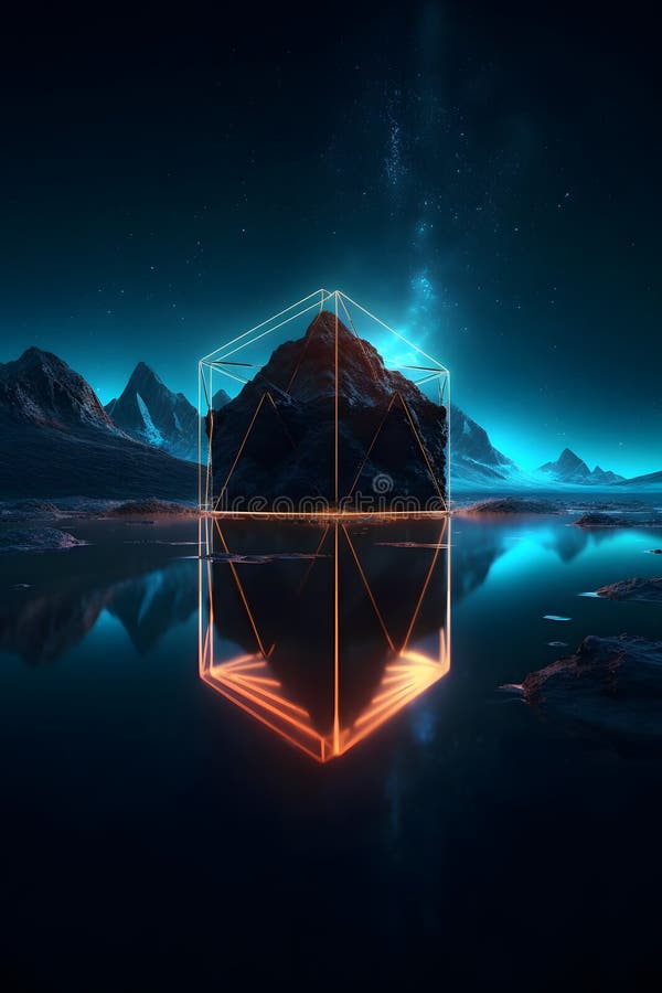 Abstract Neon Landscape with Geometric Shape Reflection Stock Image ...