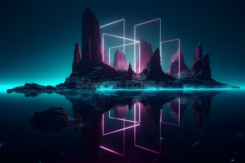 Abstract Neon Landscape with Geometric Shape Reflection Stock Photo ...