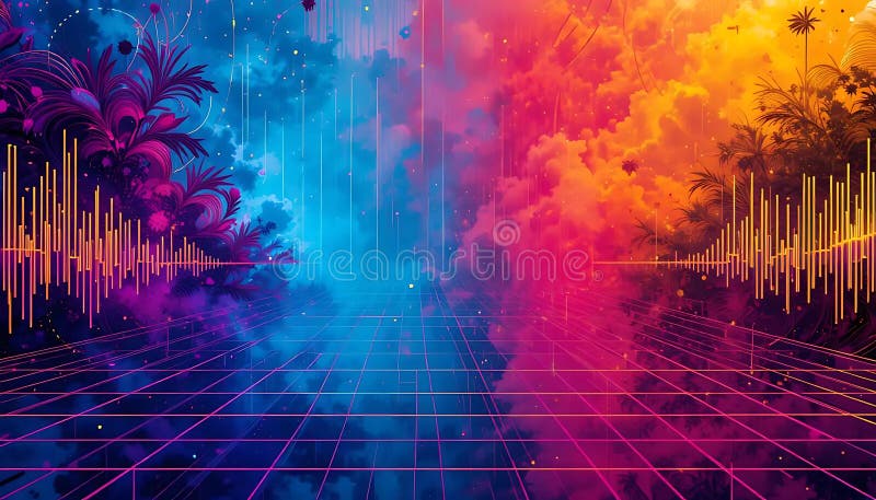 Abstract Neon Landscape with Tropical Plants and Sound Wave ...