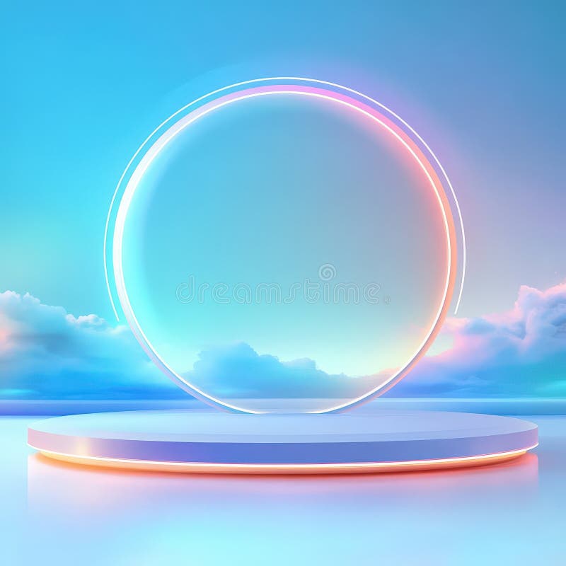 Abstract Neon Light Circle Above Platform with Blue and Pink Sky ...