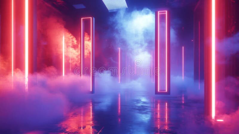 Abstract Neon Light Corridor with Red and Blue Glowing Columns and Fog ...