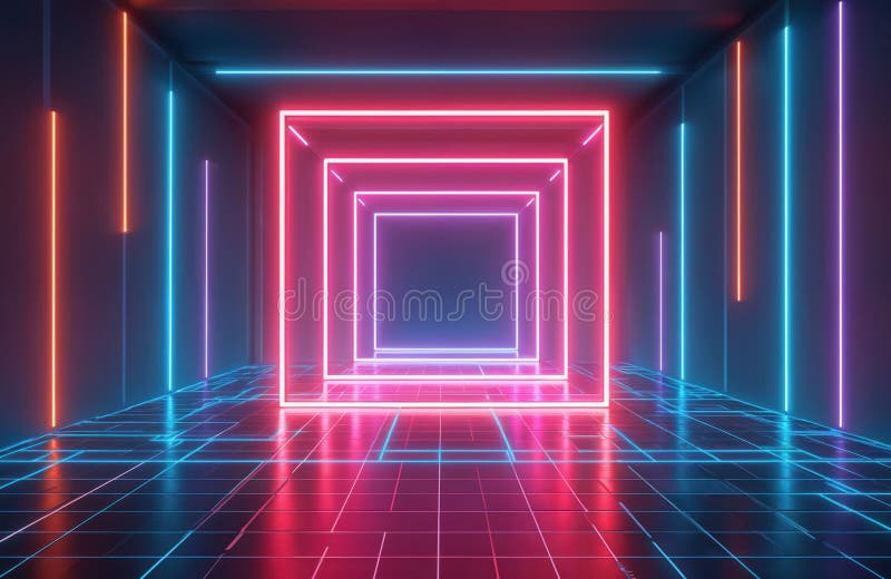 Abstract Neon Light Geometric Background. Glowing Neon Lines Create Empty Futuristic Stage Laser ...