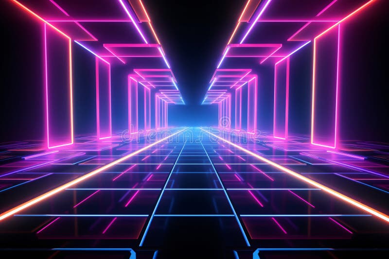 Abstract Neon Light Geometric Background. Glowing Neon Lines. Tunnel or ...