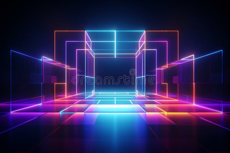 Abstract Neon Light Geometric Background. Glowing Neon Lines. Empty Futuristic Stage Laser ...
