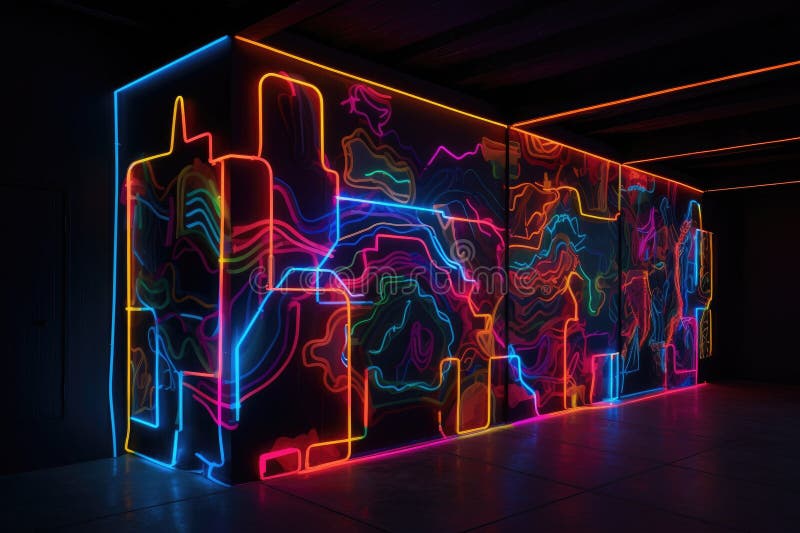 Abstract Neon Light Installation on a Dark Wall Stock Illustration ...