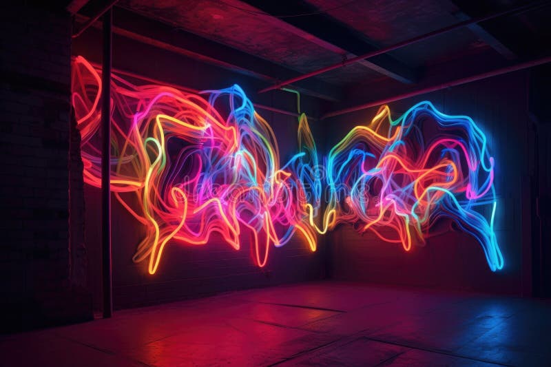 Abstract Neon Light Installation on a Dark Wall Stock Illustration ...