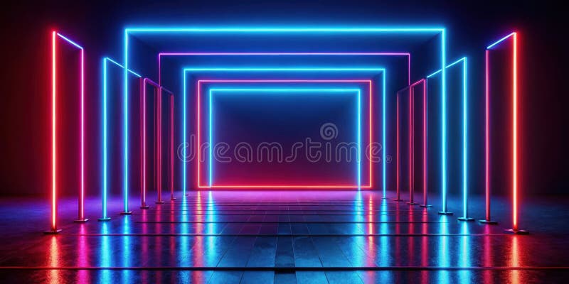 Abstract Neon Light Installation with Glowing Frames and Poles ...