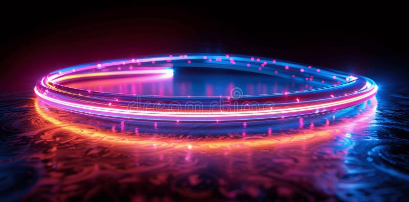 Abstract Neon Light Ring on Black Background with Glowing Curves in ...