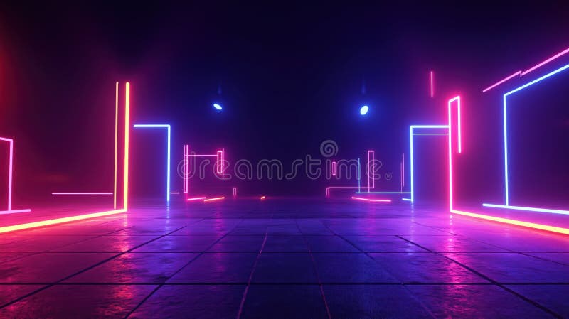 Abstract Neon Light Tech Scene. Empty Space with Geometric Shapes ...