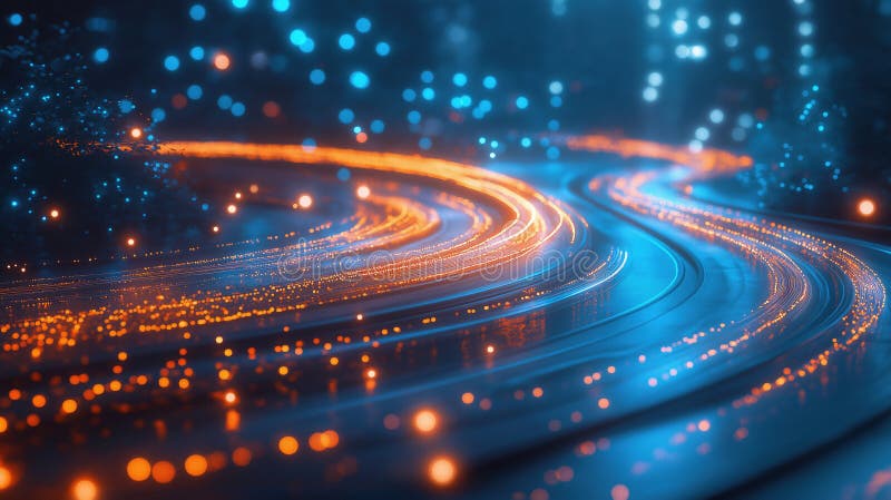 Abstract Neon Light Trails on Futuristic Road with Glowing Particles ...