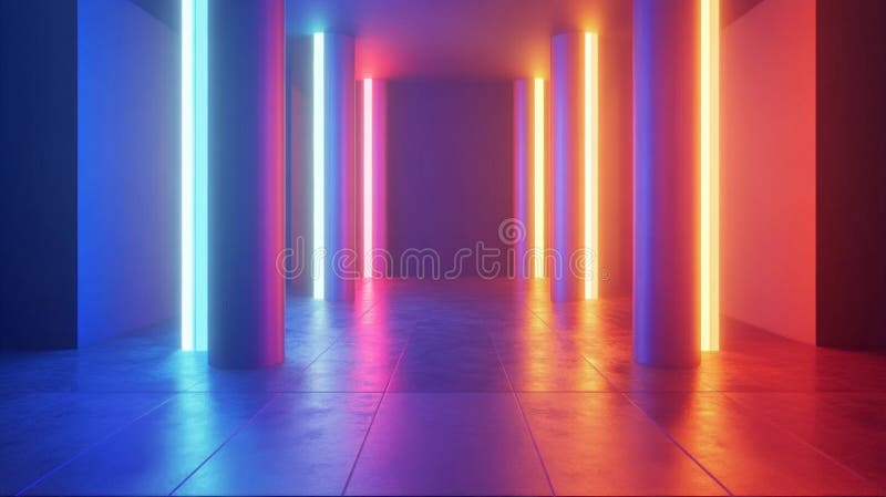 Abstract Neon Lights Corridor with Glowing Columns Stock Illustration ...