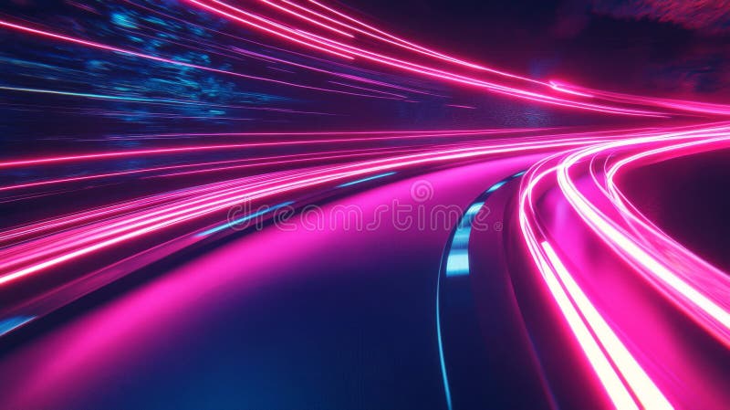 Abstract Neon Lights on a Curved Road at Night Stock Illustration ...