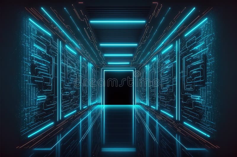 Abstract Neon Lights into Digital Technology Tunnel. Generative AI ...