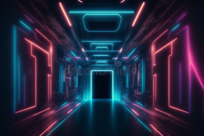 Abstract Neon Lights into Digital Technology Tunnel. Generative AI ...