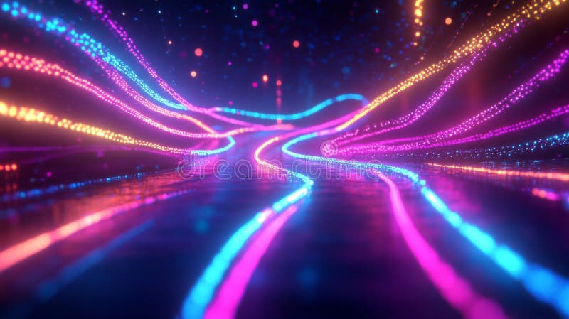 Abstract Neon Lights Pathway with Glowing Particles Stock Illustration ...