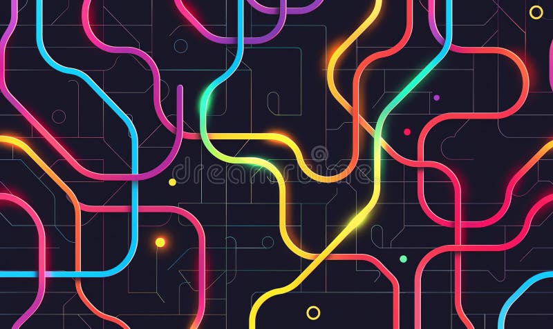 Abstract Neon Lights Pattern with Curved Lines on a Black Background ...