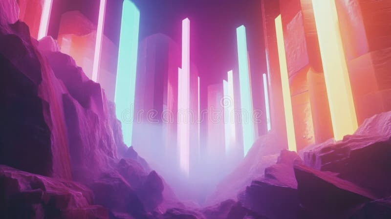 Abstract Neon Lights in Rock Formation Stock Illustration ...