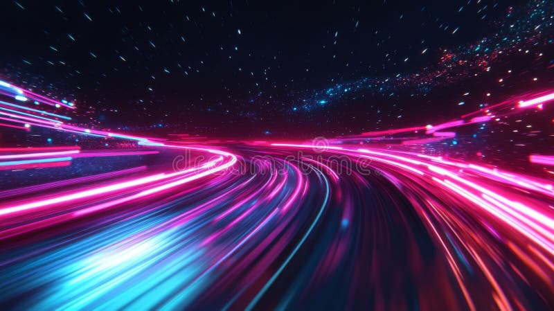 Abstract Neon Lights Trail on Curved Path Against a Starry Night Sky ...