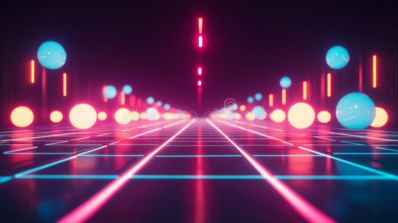 Abstract Neon Lightscape with Glowing Spheres and Grid Stock ...