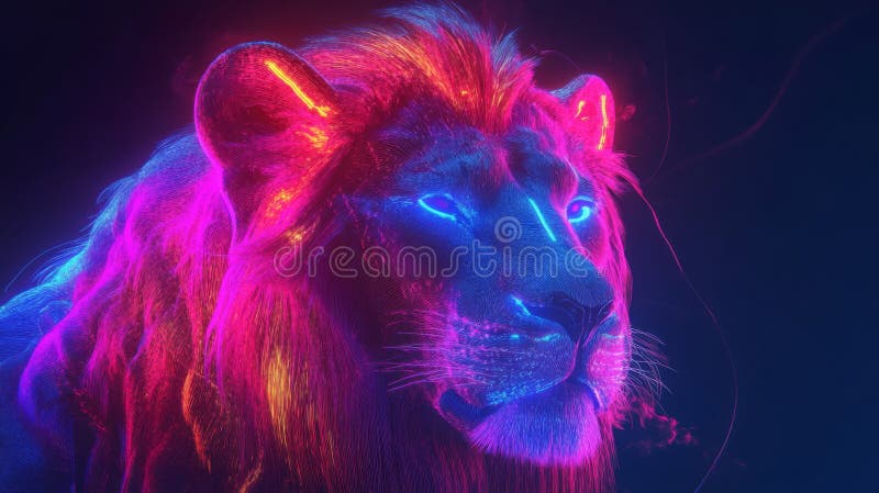 Abstract Neon Lion Portrait in Pink Blue and Orange Stock Illustration ...