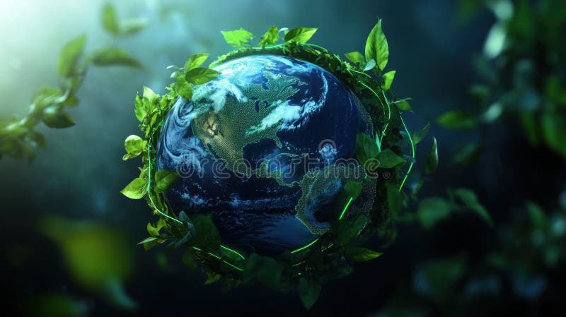 Abstract Neon Lit Earth Wrapped in Glowing Greenery for Environmental ...