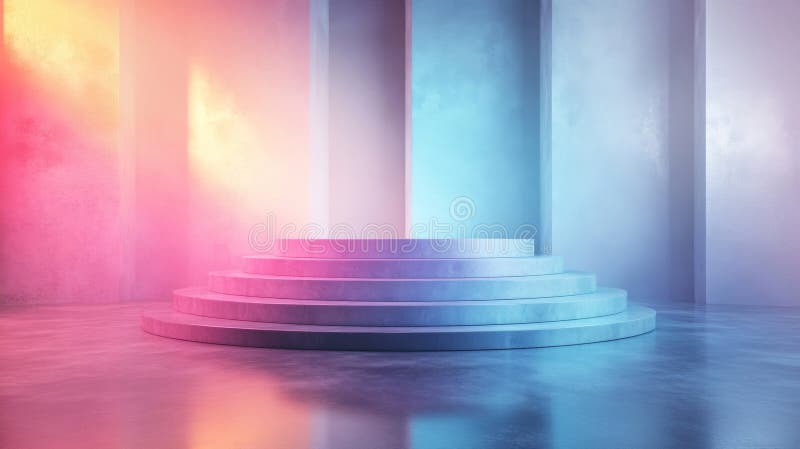 Abstract Neon Lit Platform with Circular Steps Stock Illustration ...