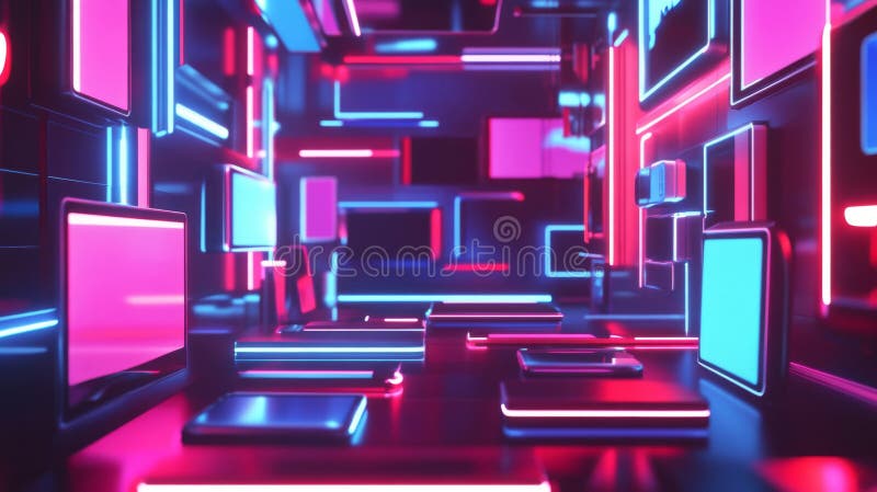 Abstract Neon-Lit Room with Geometric Shapes Stock Illustration ...