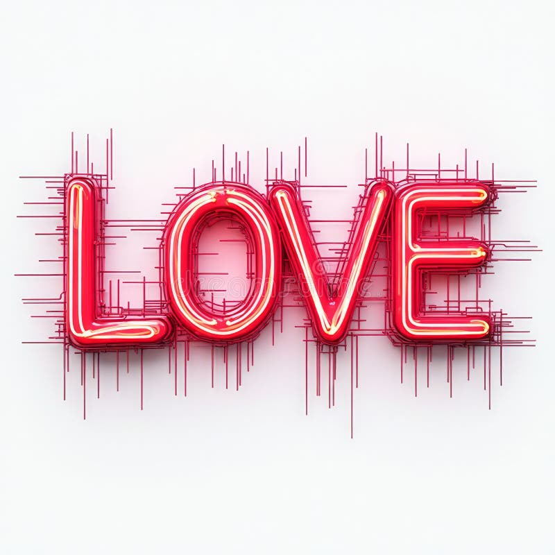 Abstract Neon Love Sign with Glitch-Style Effect Isolated on a White Background Stock ...