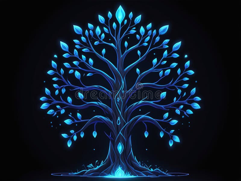 Abstract Neon Magic Tree with Blue Glowing Illustration Isolated on ...