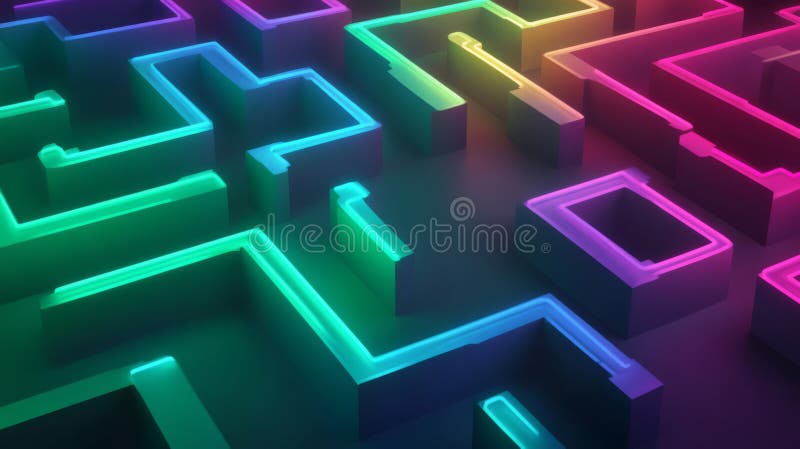 Abstract Neon Maze with Glowing Rainbow Lights Stock Illustration ...