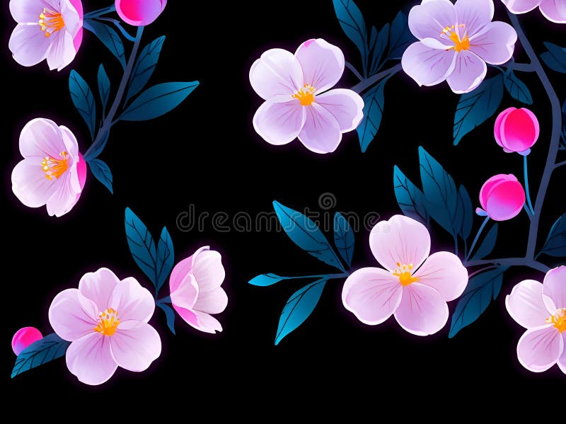 Abstract Neon Multiple Mirabelle Plum Plowers Blooming Illuminated by ...