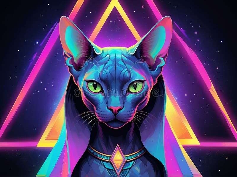 Abstract Neon Mystical Sphinx Cat in Triangular Frame on a Holographic ...