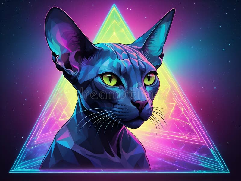 Abstract Neon Mystical Sphinx Cat in a Triangular Frame on a ...