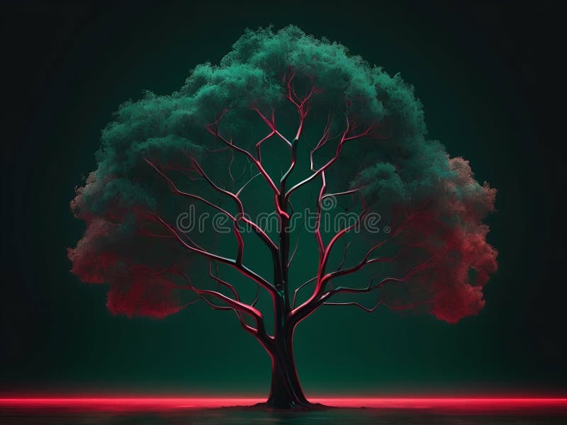 Abstract Neon Orange Light Tree in Dark Green Dark Background Stock ...