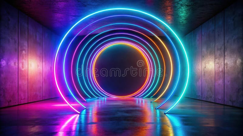 Abstract Neon Rings in a Dark Room with Concrete Walls. Generative AI ...