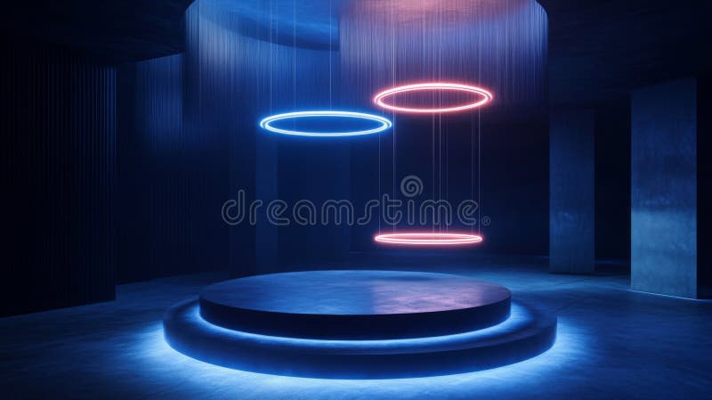 Abstract Neon Rings and Dark Stage Platform Stock Illustration ...