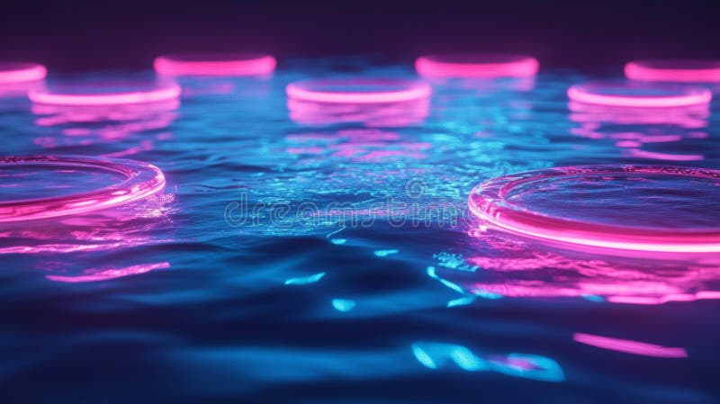 Abstract Neon Rings on Reflective Water Surface Stock Illustration ...