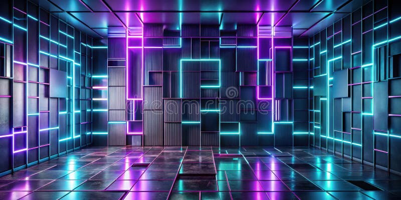 Abstract Neon Room with Geometric Wall Panels and Reflective Floor ...