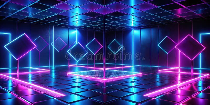Abstract Neon Room with Vibrant Pink and Blue Lighting and Geometric ...