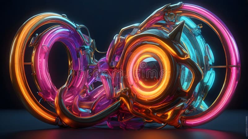 Abstract Neon Sculpture: Intricate 3D Render of Intertwined Glowing Tubes and Metallic Forms ...
