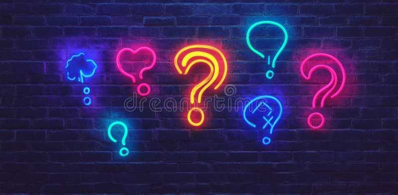 An Abstract Neon Sign with Questions Stands Alone, Functioning As a ...